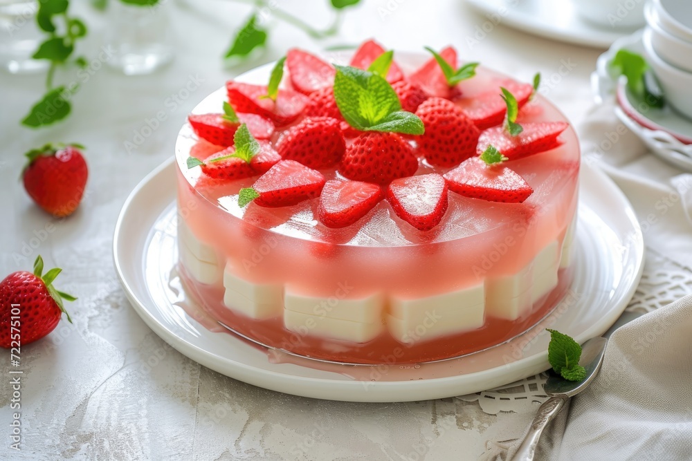 pudding jelly watermelon delicious on white table. A jellied watermelon ...