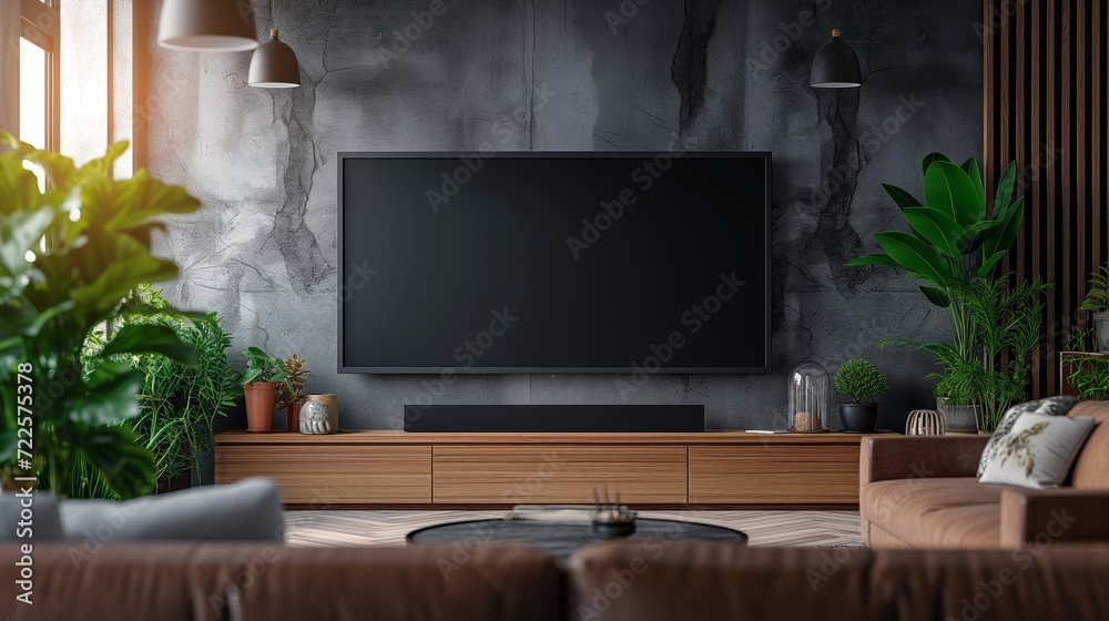 Wide screen flat television banner mockup of empty black screen at ...