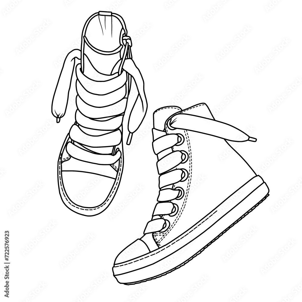 Technical sketch drawing of Pairs Womens High Top Canvas Sneakers shoes ...