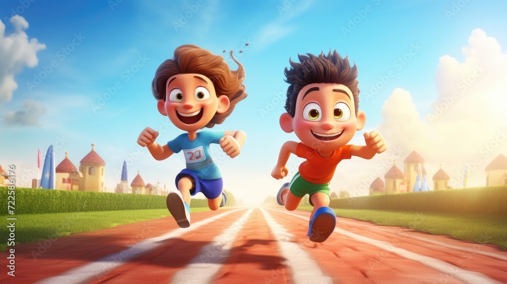 Two 3D cartoon kids participating in a high-speed footrace with ...