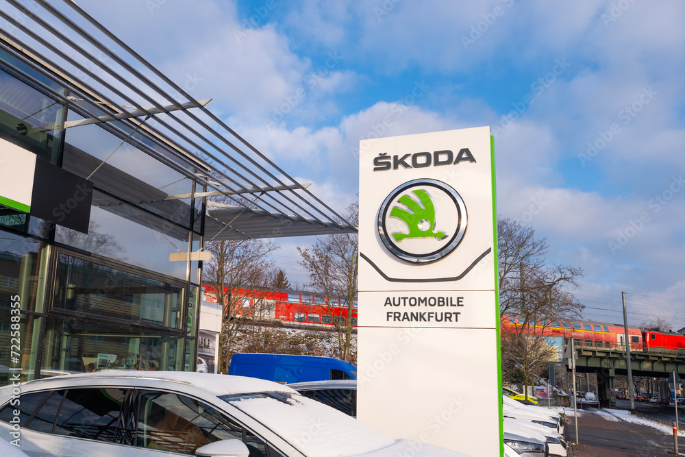 Advertising banners Skoda, car dealership building, Czech automobile ...