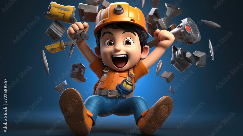 A 3D cartoon kid dressed as a construction worker, handling comically ...