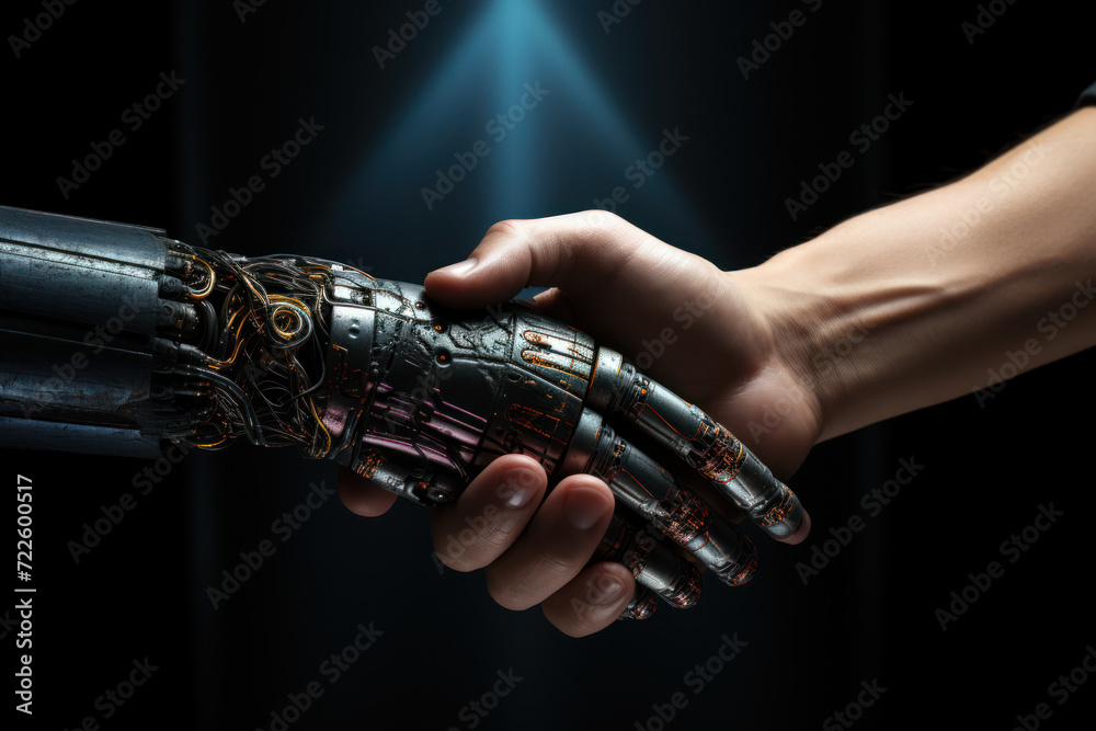 A digital artwork of a handshake between a human hand and a robot hand ...