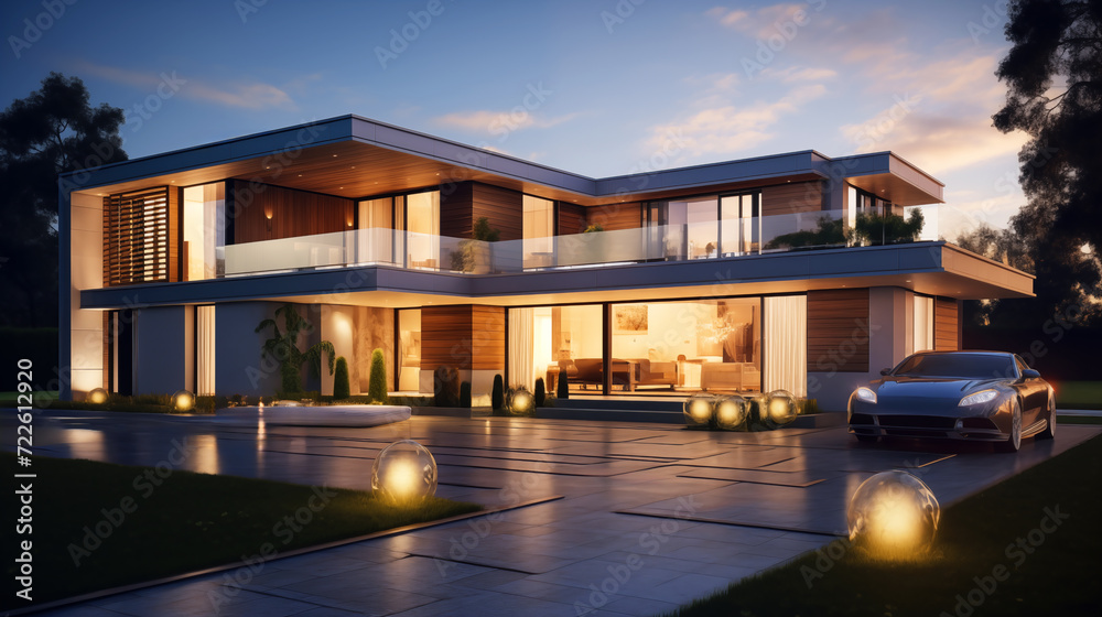 Modern Two Story House In Evening Exterior Of House With Lights On