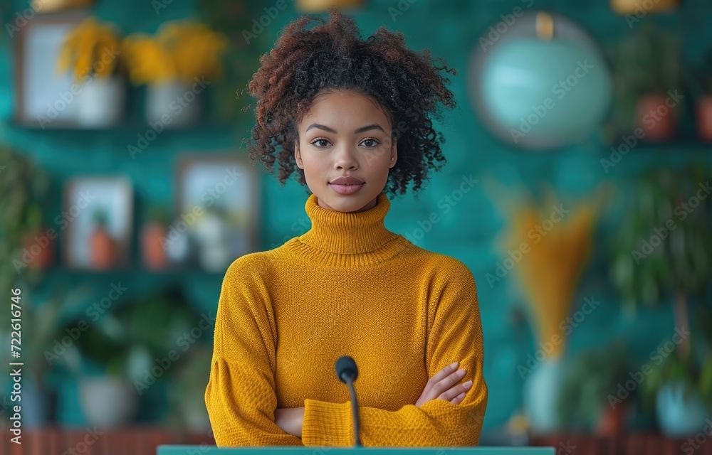 A vibrant woman in a yellow ao dai, her human face radiating confidence ...