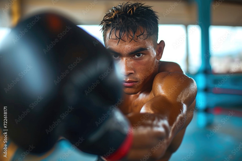 A determined boxer with wet hair and glistening muscles prepares for ...