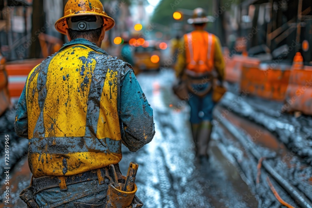 A team of hard-working blue-collar workers donning yellow workwear and ...