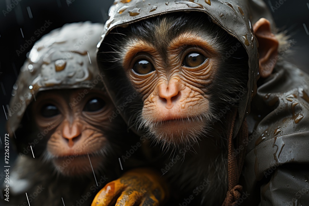 Two simian friends, donning rain gear like humans, explore the rainy ...