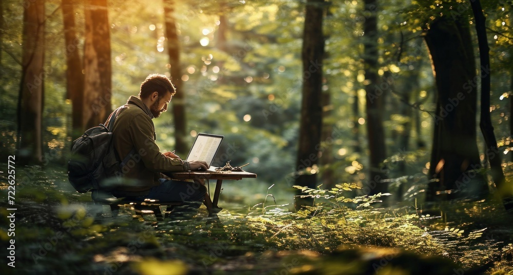 Man working in nature, teleworking, plant a tree, man with laptop in a ...