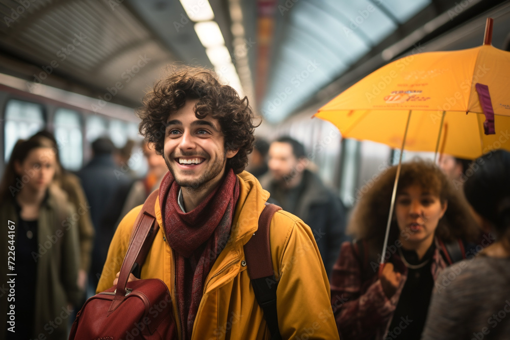 smiling woman man with rain shower adds to excitement of journeys as ...