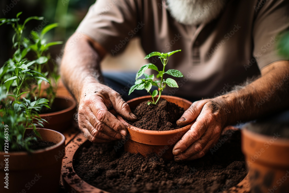 smiling woman man with relationship between a plant and its pot of soil ...