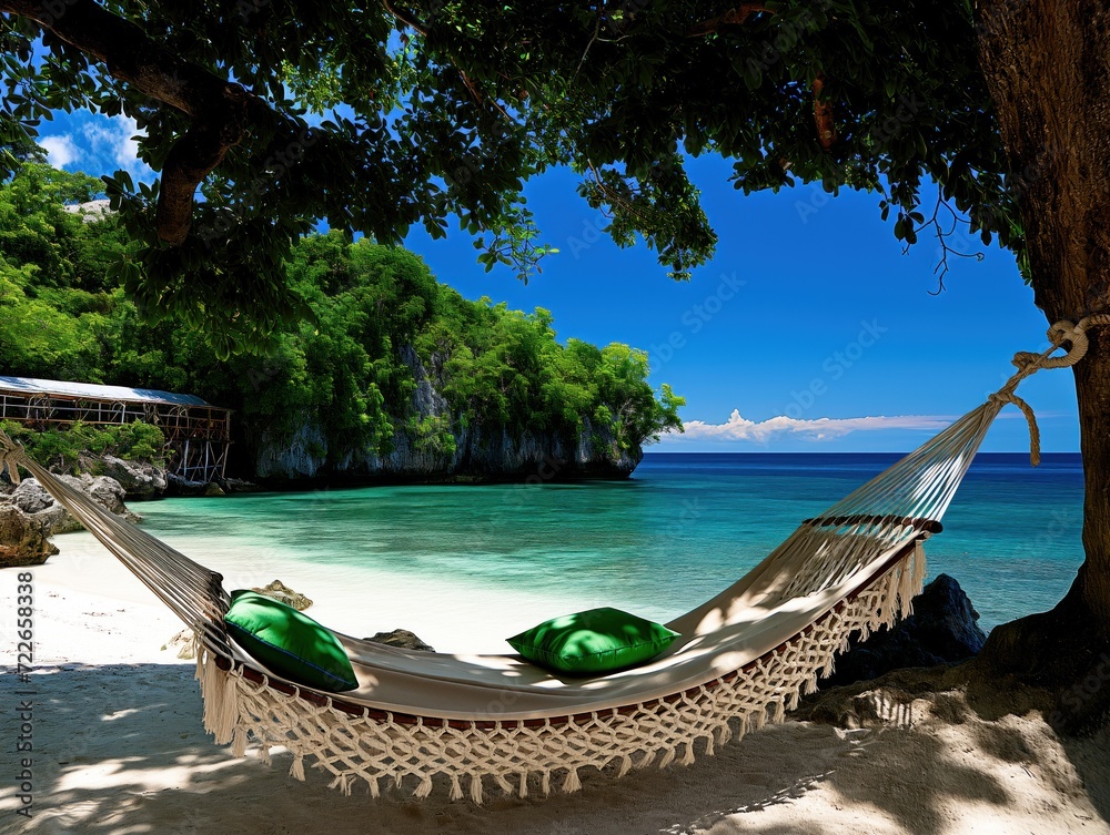 Paisagem de férias, uma linda praia de águas cristalinas com rede para ...