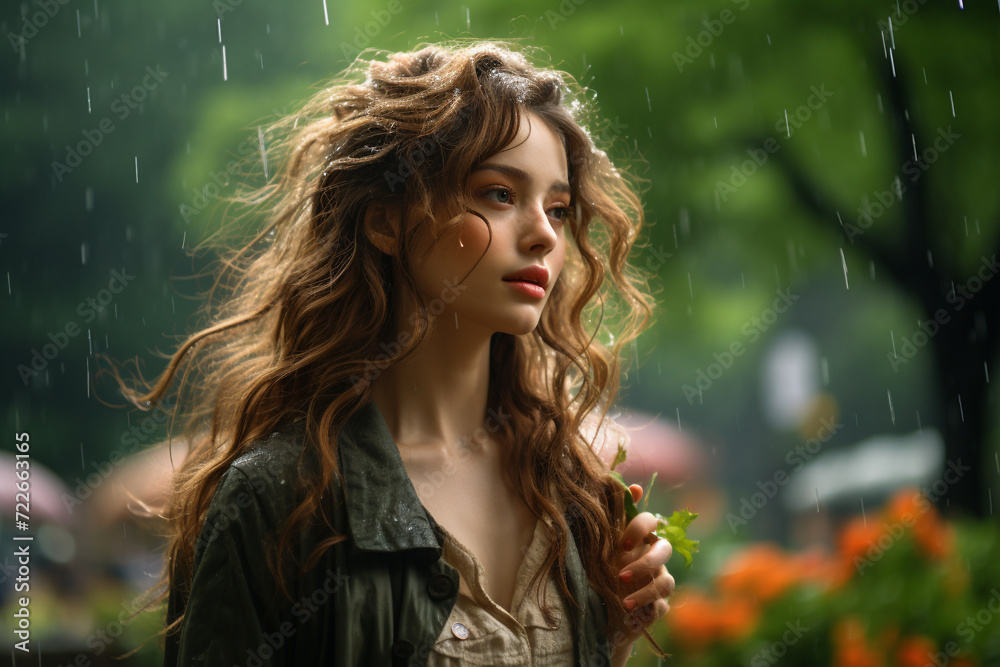 smiling woman man with transformation of a rain-soaked park into a ...