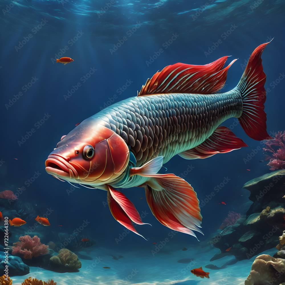 Digital painting of a majestic arowana fish gracefully swimming in a ...