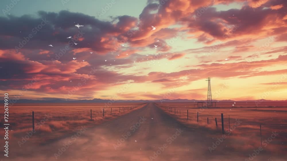 Country Roads and Sunsets Rural landscapes open field. seamless looping ...
