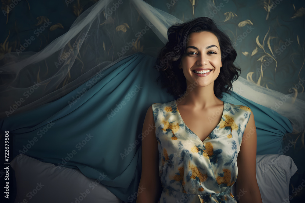 woman in room, wake up in the morning. She was wearing light colored ...