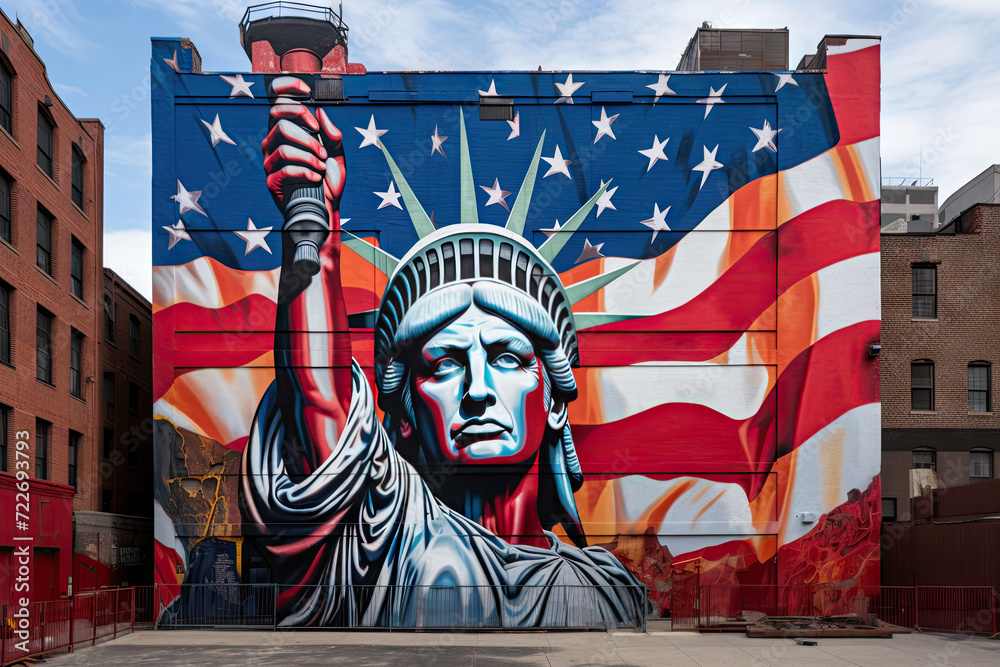 Vibrant Mural of the Statue of Liberty and American Flag on Urban ...