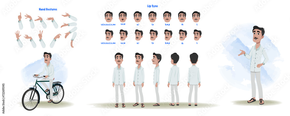 A Indian man character model sheet. man creation set. Boy turnaround sheet, hand gestures, lip ...