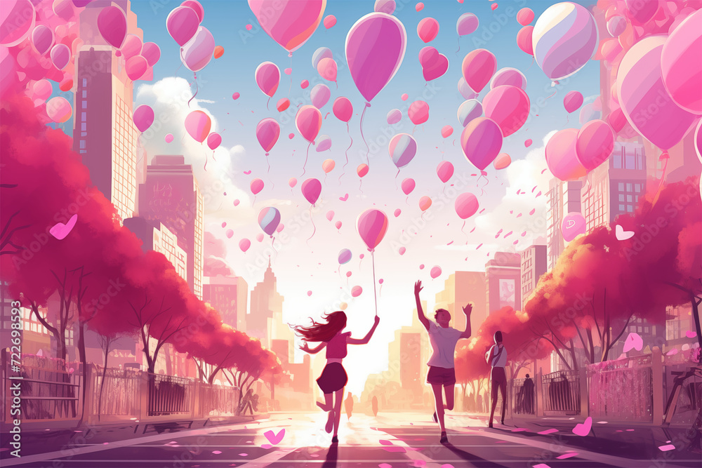 Experience the joy of love and romance as people run with pink balloons ...
