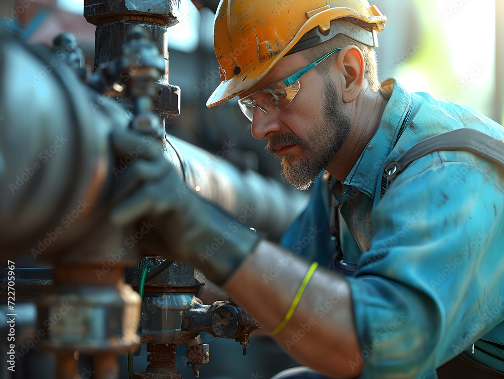 Drilling rig workers in uniforms and helmets are drilling an artesian ...