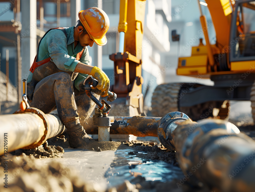 Drilling rig workers in uniforms and helmets are drilling an artesian ...