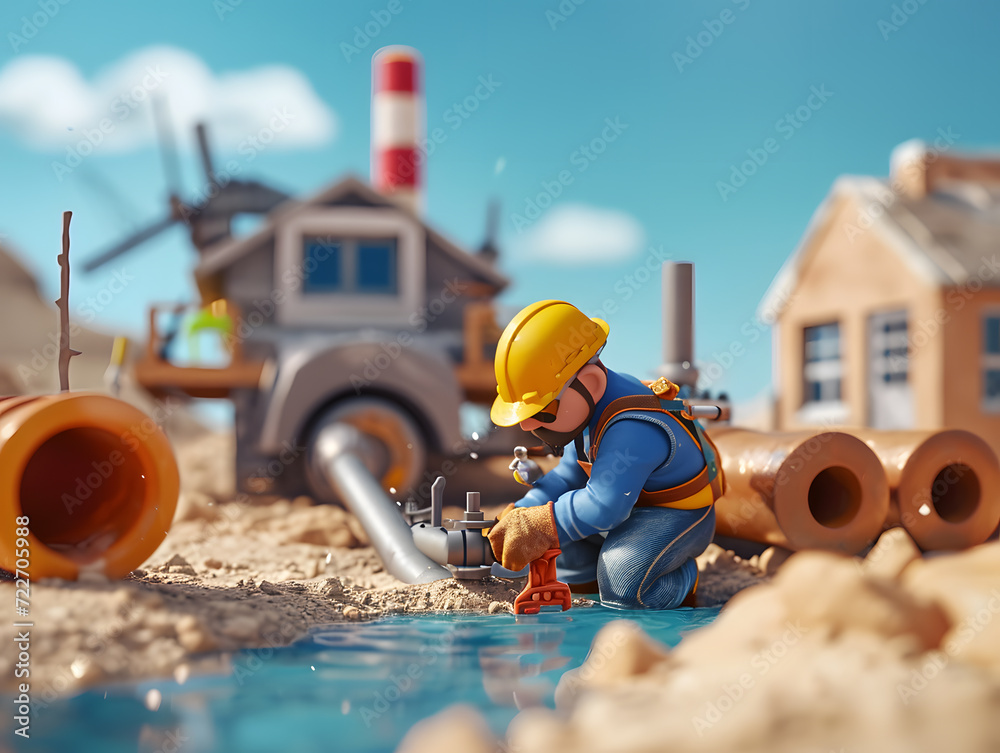 Drilling rig workers in uniforms and helmets are drilling an artesian ...
