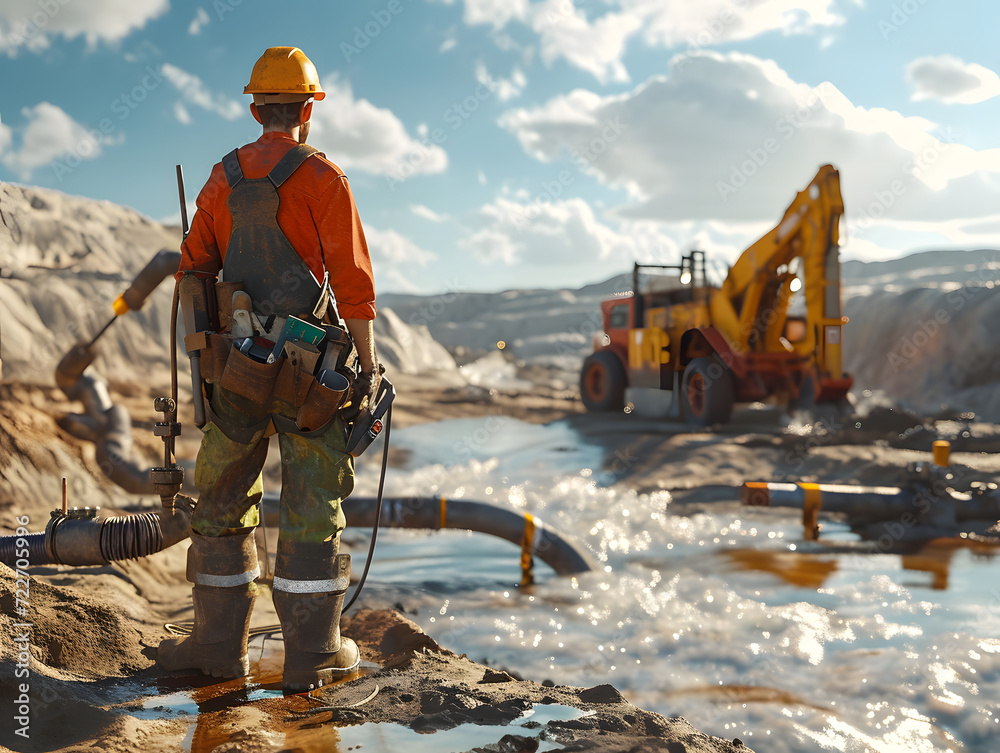 Drilling rig workers in uniforms and helmets are drilling an artesian ...