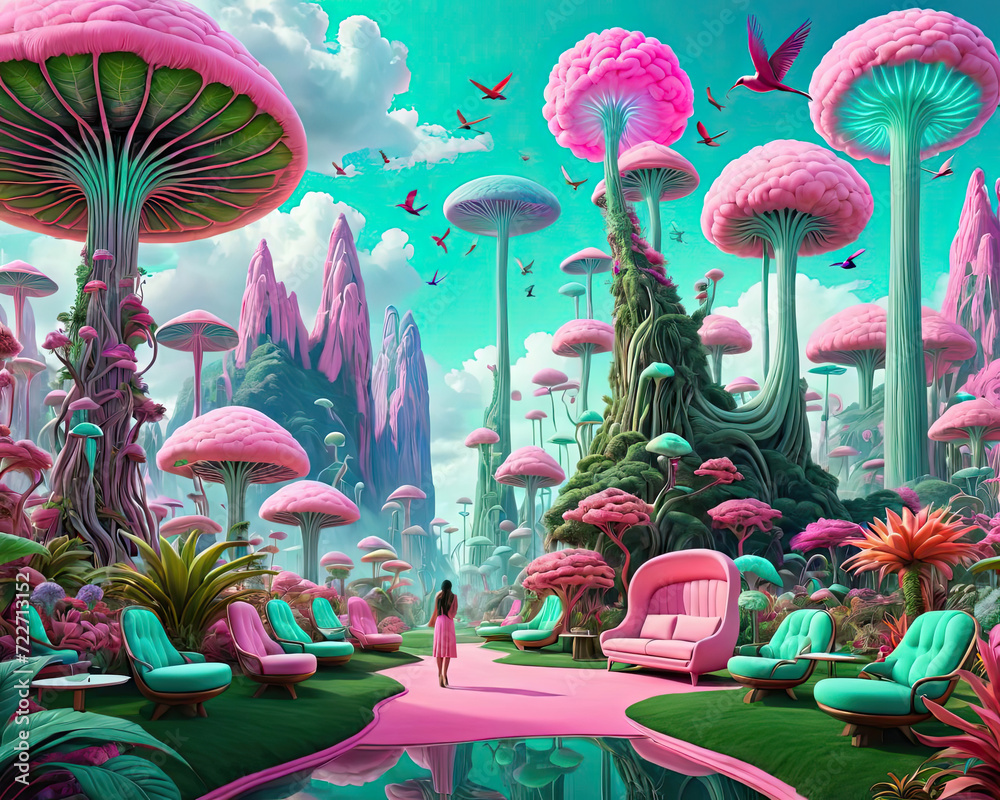 Psychedelic Landscape with Alien Plants, Birds, and Woman - Ultra-realistic 8K Surreal Cosmic ...