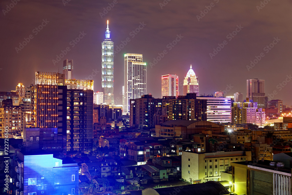 Night skyline of Downtown Taipei, vibrant capital city of Taiwan, with ...