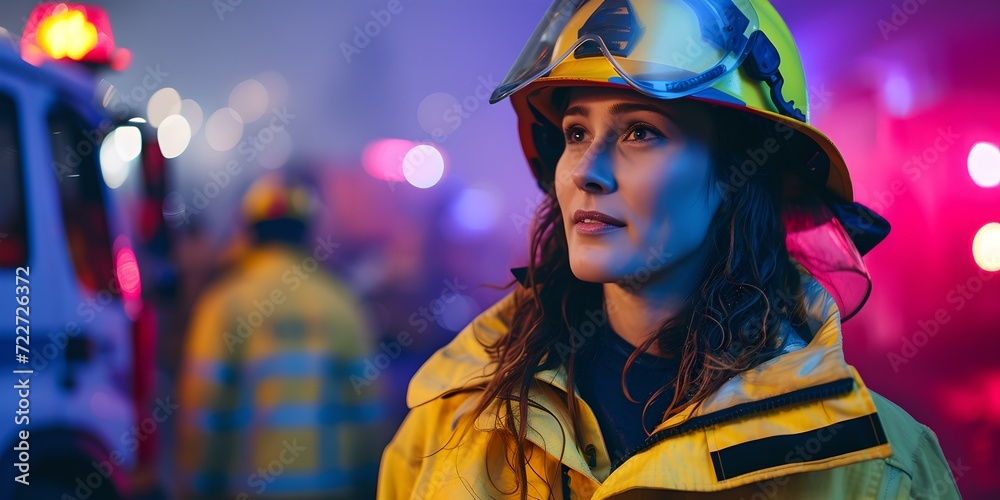 Brave female firefighter in action, emergency response scene. nighttime ...