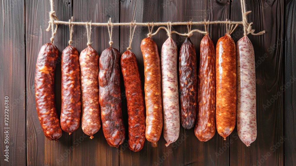 Five Different Types of Sausage Hanging From Strings Stock Photo ...