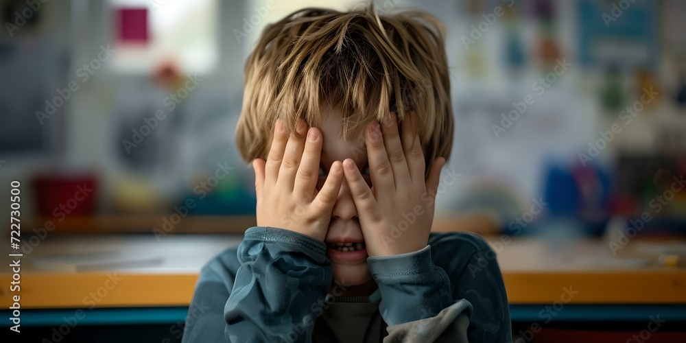 Young child covering face with hands in classroom setting. concept of ...