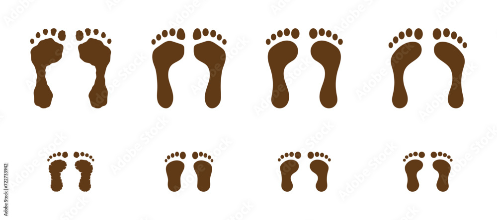 Footprints of children and adults on a white background. Various types ...