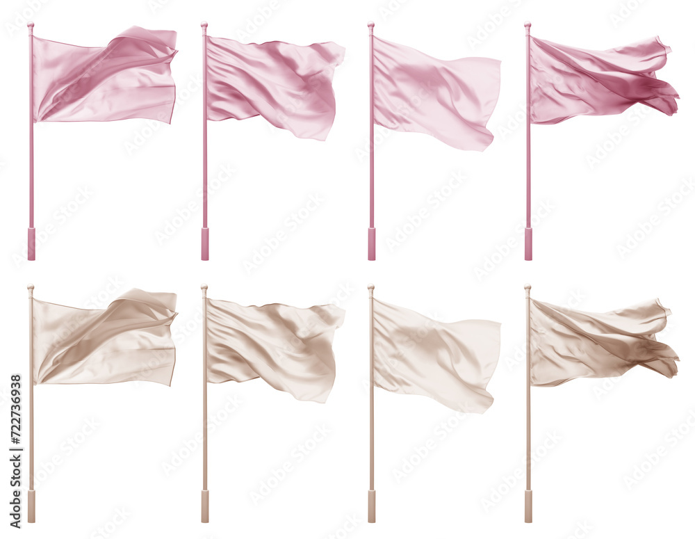 2 Collection set of pastel light pink beige, waving flying blank flag ...
