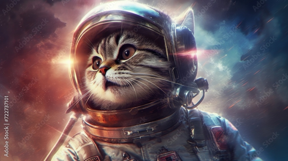 Scottish fold cat astronaut floating in space with colorful nebula of ...
