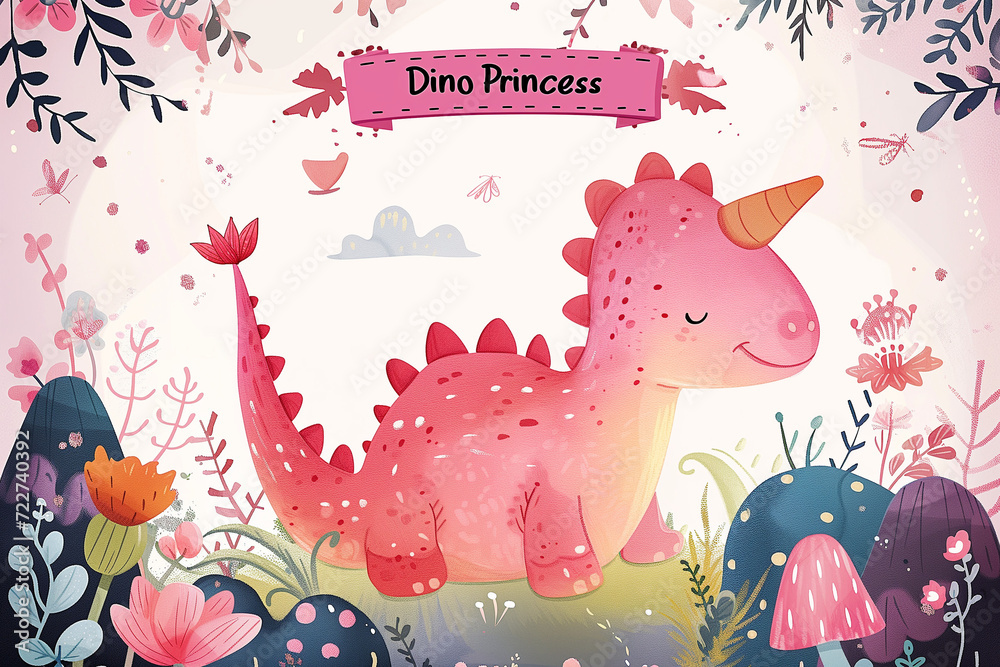 Watercolor Children's Poster: Featuring a Pink Dino Princess Amidst ...