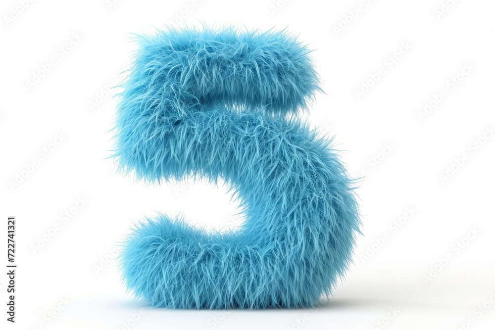 Cute blue number 5 or five as fur shape, short hair, white background ...