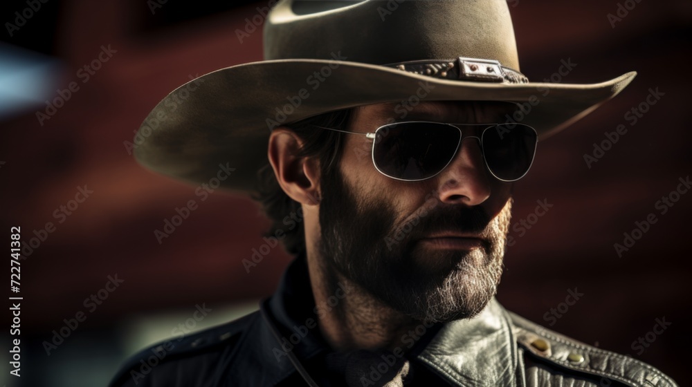Foto de A man in sunglasses and a cowboy hat. Sheriff in the wild west ...