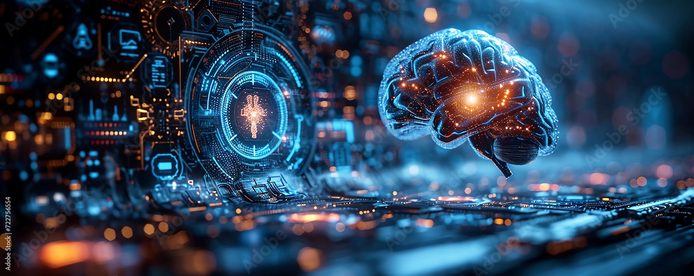 Futuristic visualization of a brain interface with glowing neural networks, representing ...