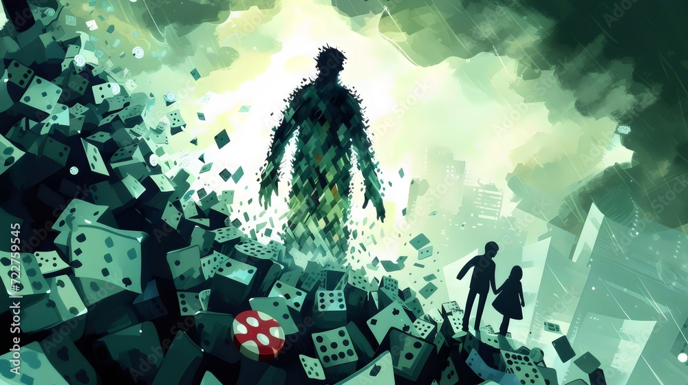 Surreal Cityscape with Giant Figure and Dice Tsunami Depicting Gambing ...