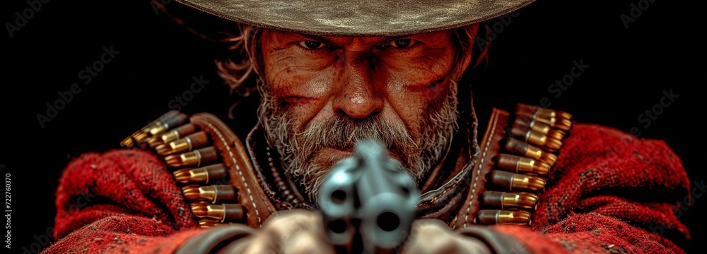 With a revolver pistol weapon and a bandolier of bullets, the outlaw is ...