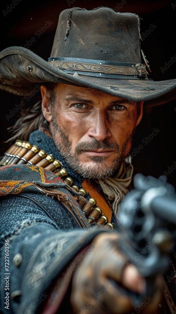 With a revolver pistol weapon and a bandolier of bullets, the outlaw is ...