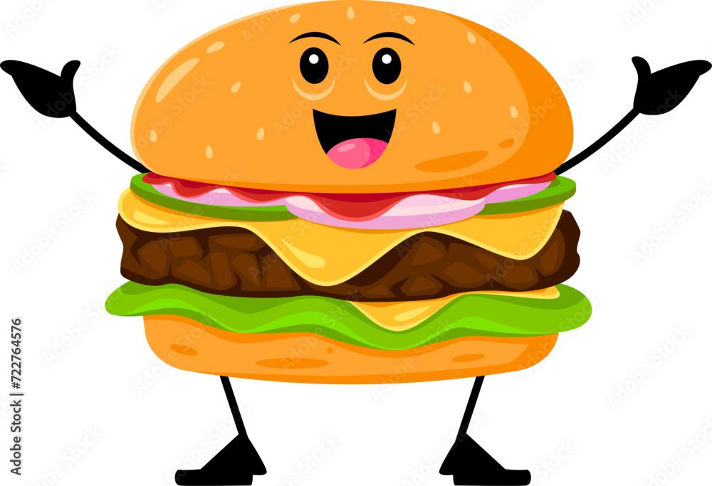 Cartoon cheerful cheeseburger funny takeaway fast food character with a ...