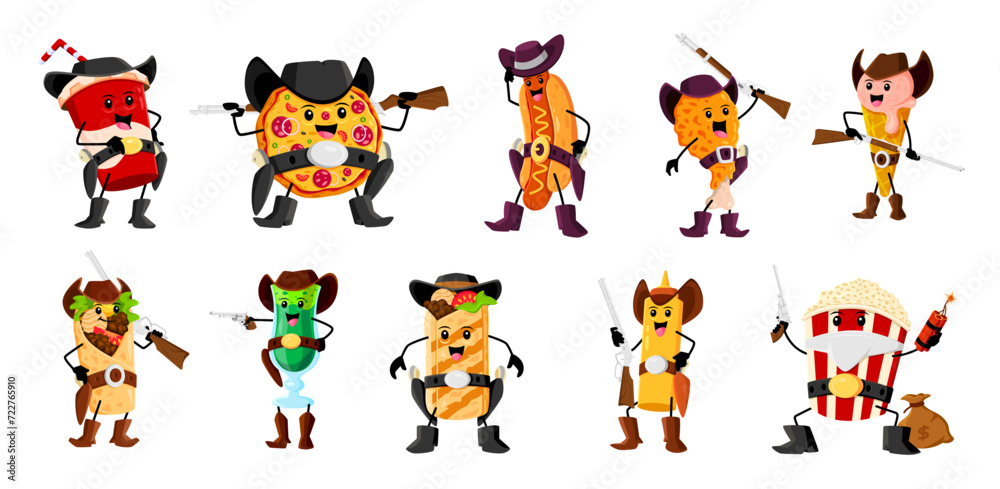 Cartoon fast food cowboy and ranger, bandit and sheriff characters ...