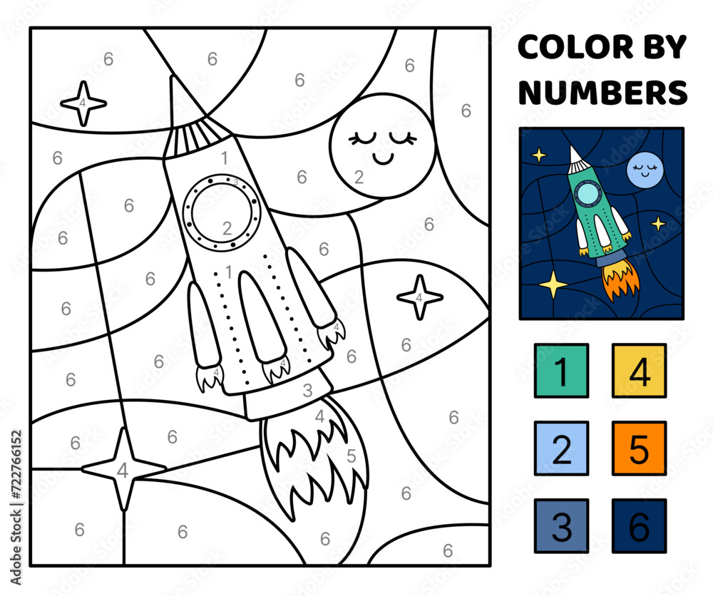Green rocket. Color by number. Coloring page. Game for kids. Kawaii ...