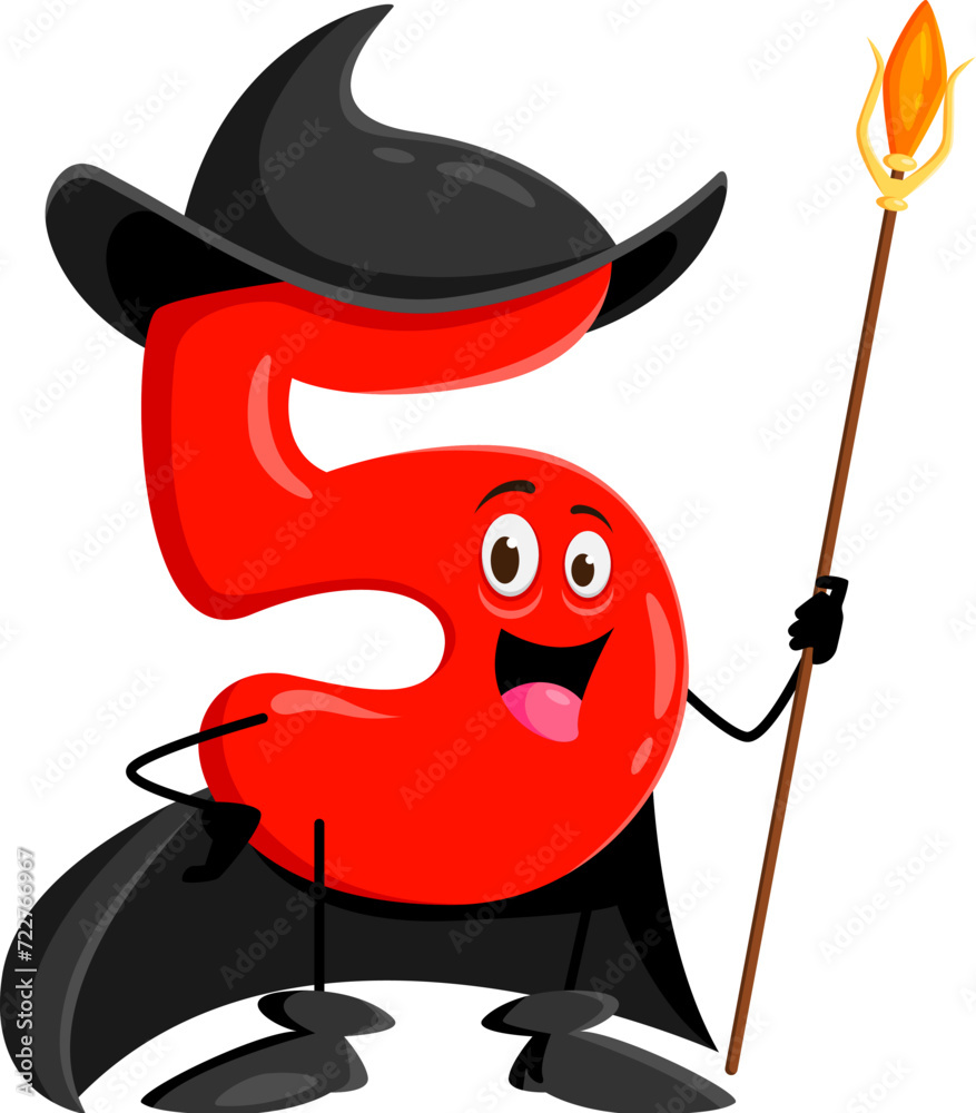 Cartoon math number five Halloween wizard, witch and mage character ...