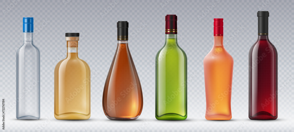 Realistic alcohol glass bottles. Vodka and tequila, cognac and whiskey ...