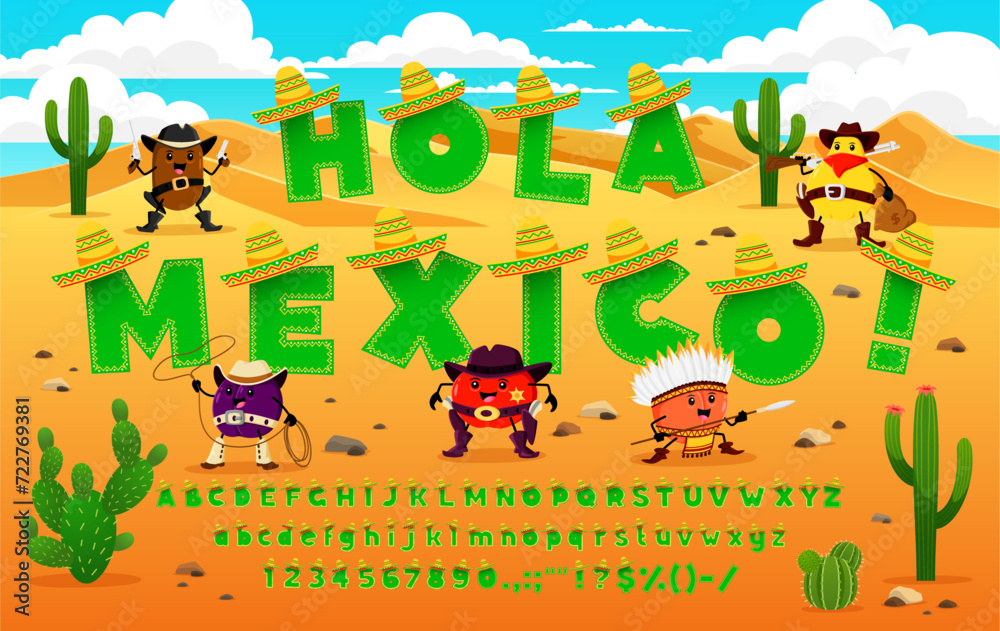 Cartoon Mexican font or Hispanic type with sombrero hat, Latin American ...
