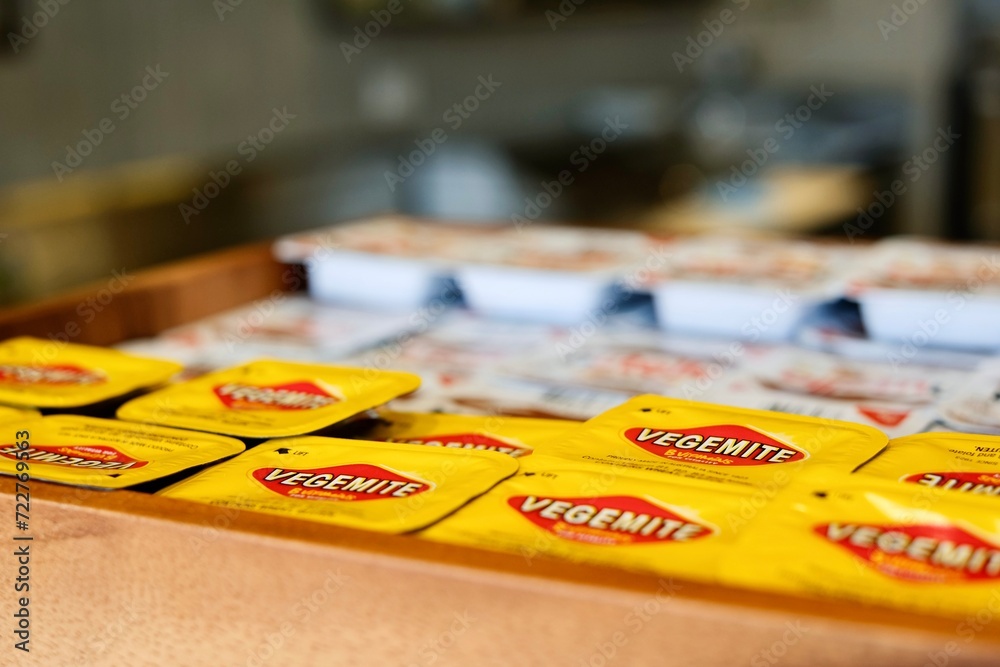 Sydney, Australia - Oct 17, 2023: Packets of Vegemite, jam and butter ...