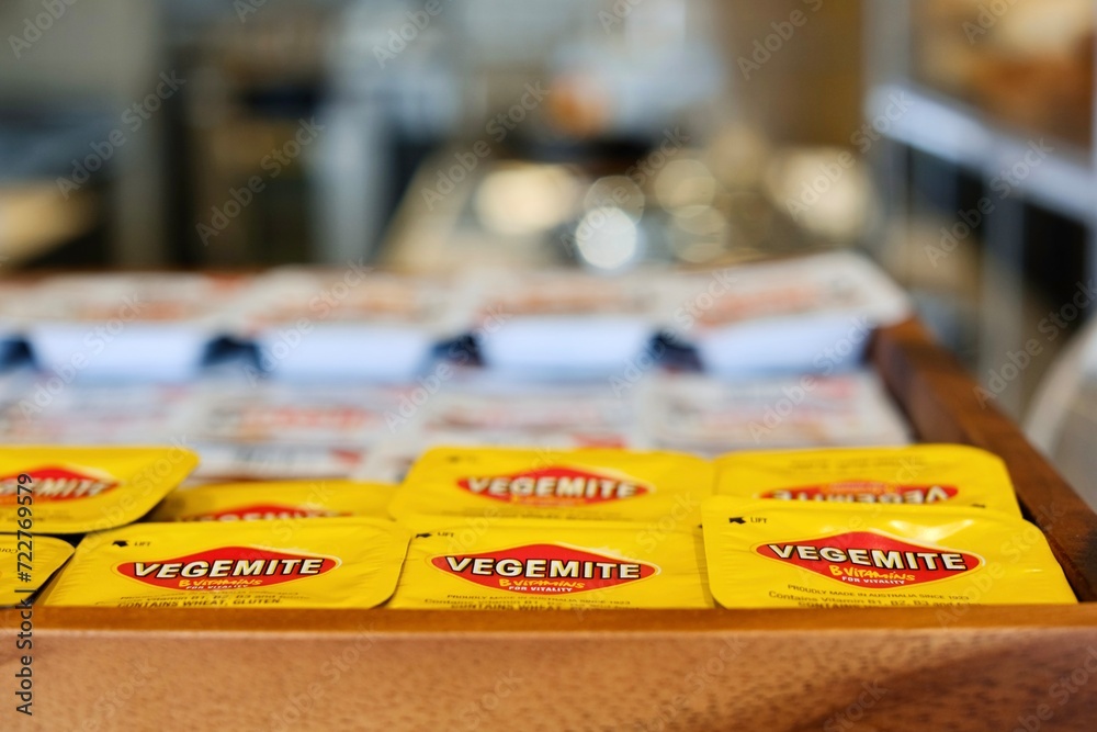 Sydney, Australia - Oct 17, 2023: Packets of Vegemite, jam and butter ...